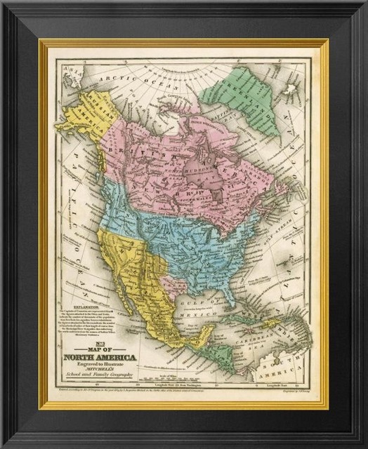 "Map of North America, 1839" by Samuel Augustus Mitchell, 16x20", 16"x1 ...