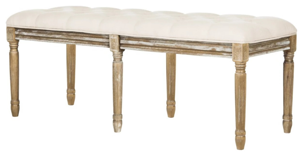 French Traditional Rustic Wood Bench with Oak Base and Tufted Velvet ...