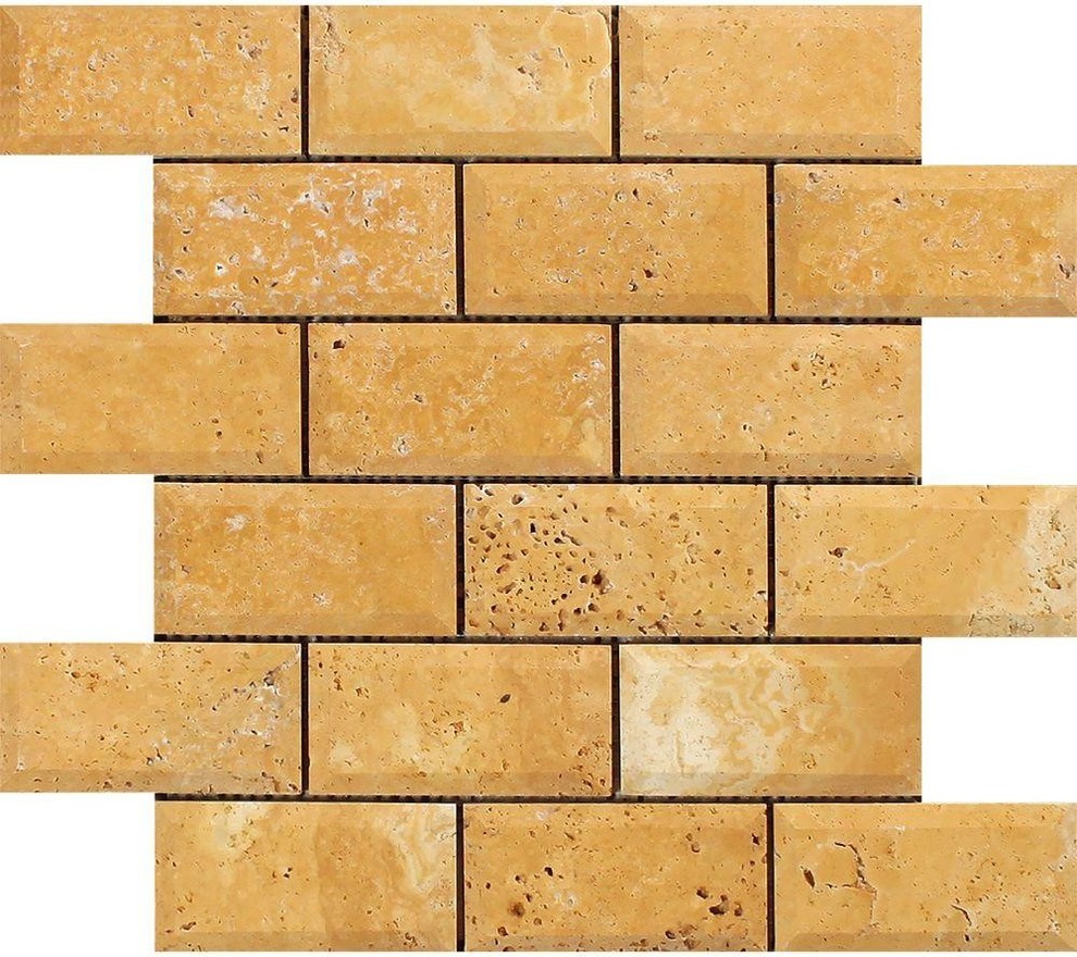 Travertine Deep-Beveled Brick Mosaic, 2 X 4 Honed, 10 sq.ft ...