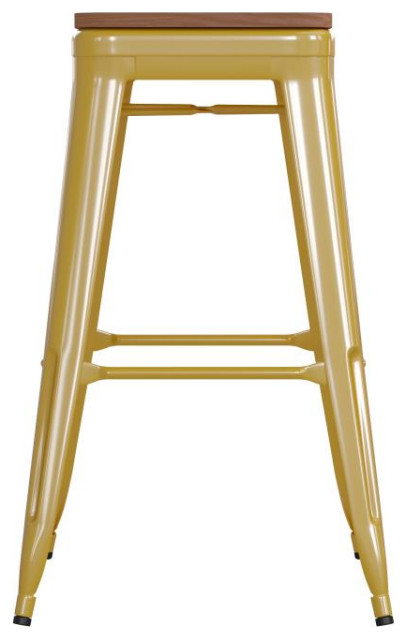30" Yellow Stool-Teak Seat - Industrial - Outdoor Bar Stools And ...