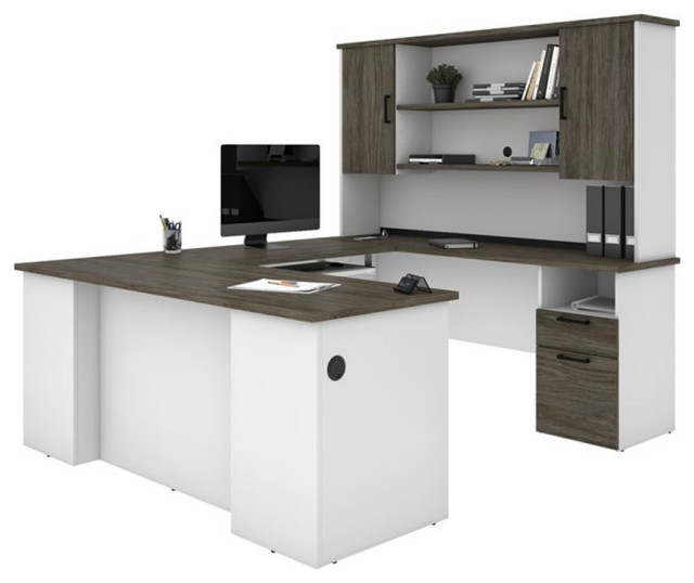 Pemberly Row Transitional Wood U Shaped Computer Desk with Hutch in ...