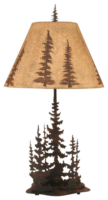 Burnt Sienna Iron Nature Scene Table Lamp With Feather Tree Forest ...