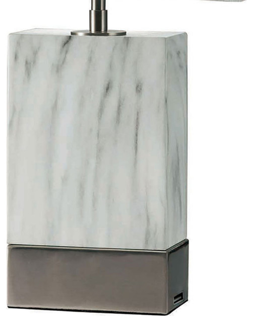Table Lamp with Pillar Marble Base and USB Plug in , Silver and White ...