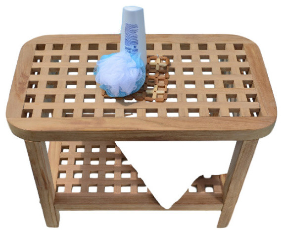 Teak Bath Stool, Side Table, Shower Bench with Bottom Shelf ...