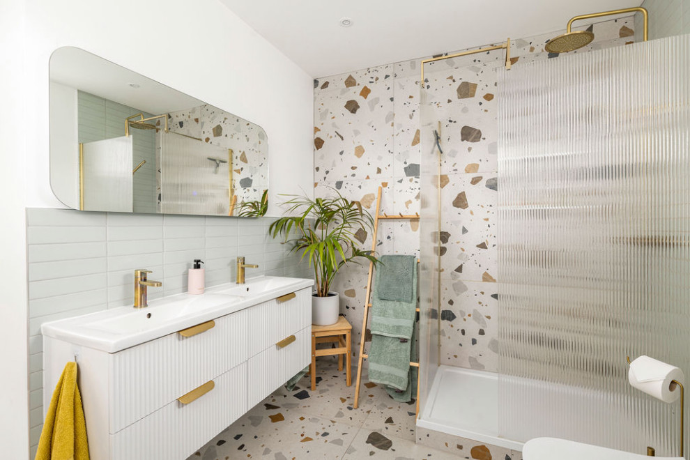 Natural inspired ensuite wild bold terrazzo tiles - Transitional ...