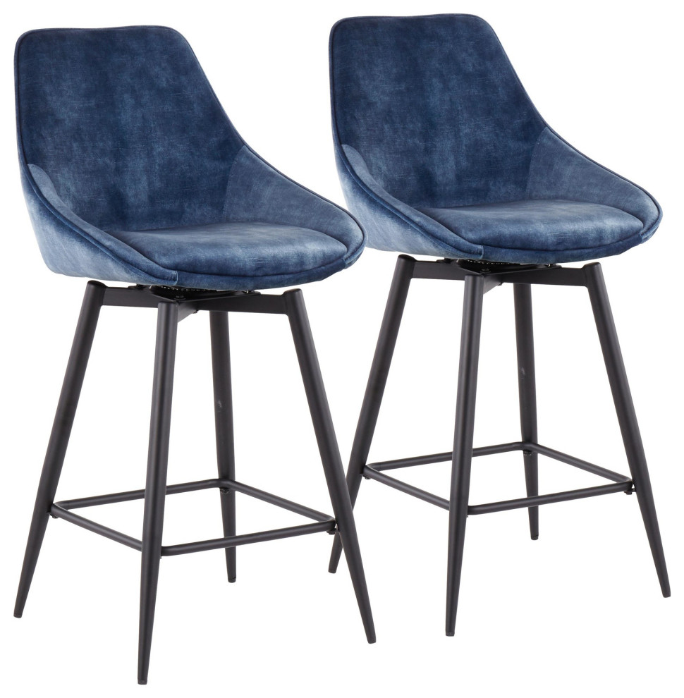 Diana Contemporary Counter Stool, Black Steel/Blue Velvet, Set of 2 ...