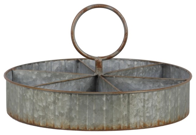 Metal Round Tray with 6 Slots and Ring Handle, Galvanized Gray ...