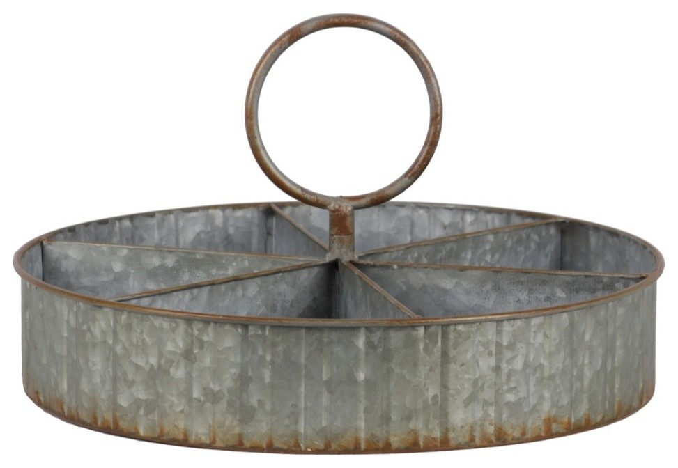 Metal Round Tray with 6 Slots and Ring Handle, Galvanized Gray ...