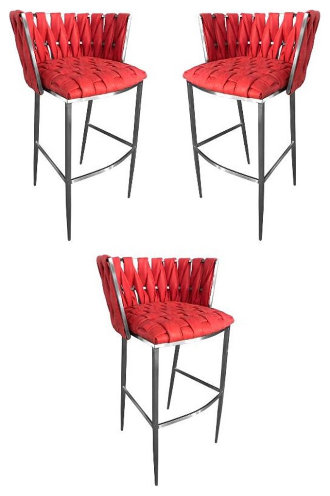 Home Square 35" Stainless Steel Tall Bar Stool in Ruby Red - Set of 3 ...