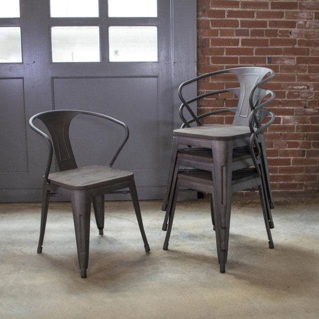 AmeriHome Loft Rustic Gunmetal Metal Dining Chair with Wood Seat- 4 ...