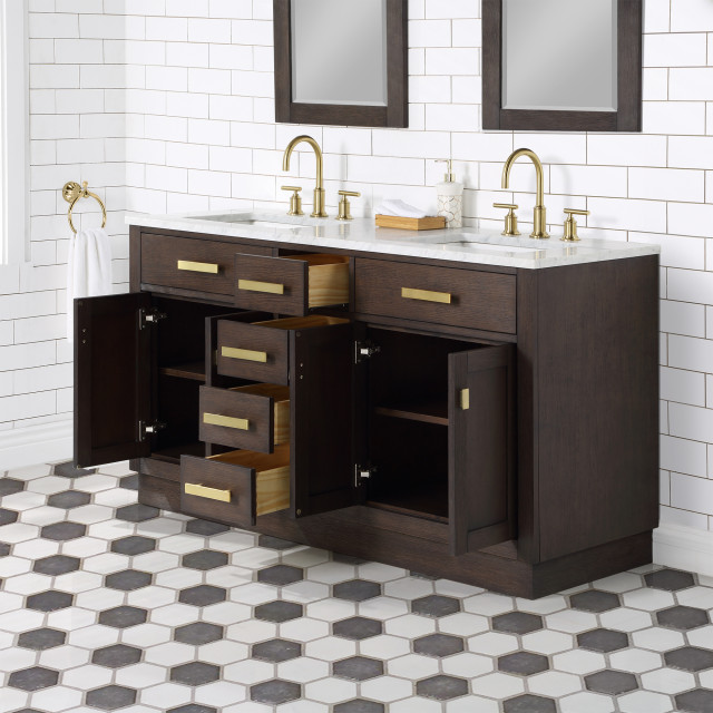 Chestnut 60" Double Sink Carrara White Marble Countertop Vanity ...