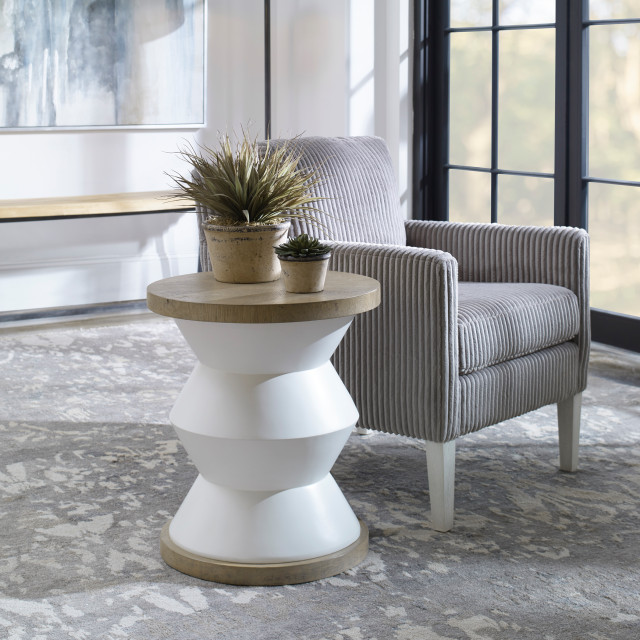 Modern Two Tone Wood Veneer Accent Table Stacked Shapes Honey Oak White ...