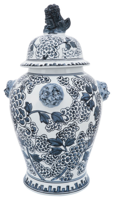 Cer, 18h" Lion Heads Temple Jar, Blue - Asian - Decorative Jars And ...