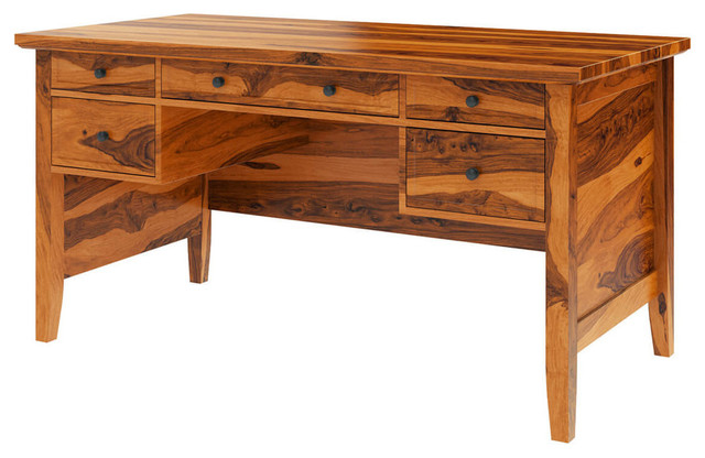 Calypso Rustic Solid Wood 60" Large Writing Desk With 5 Drawers ...