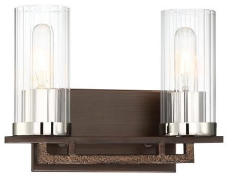 Maddox Roe 2-Light Bath Vanity Iron Ore/Gold Dust Clear Ribbed Glass ...
