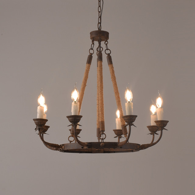 Rustic Flaxen Hemp Rope & Metal 8-Light Round Candelabra Chandelier in ...