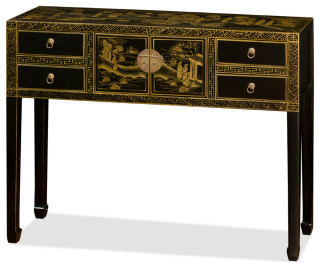 Hand Painted Chinoiserie Gold Scenery Chinese Black Console Table ...