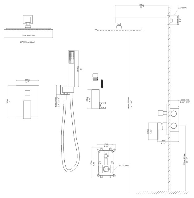Concealed Wall Mount Shower Head With Handheld Shower and Shower Hose ...