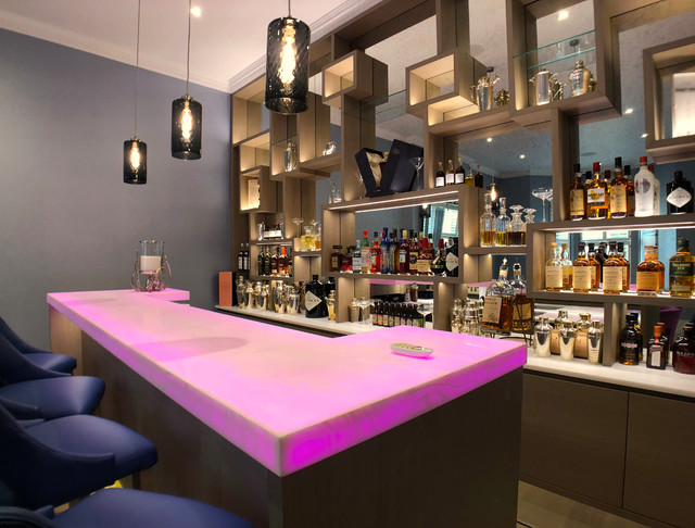 Luxury Bespoke Bar with White Onyx Backlit Worktop - Modern - Home Bar ...
