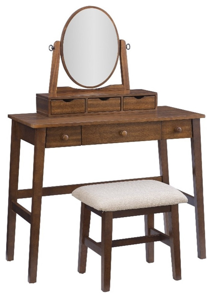 Linon Iris Wood Vanity & Padded Stool Set Oval Mirror 5 Drawers in ...