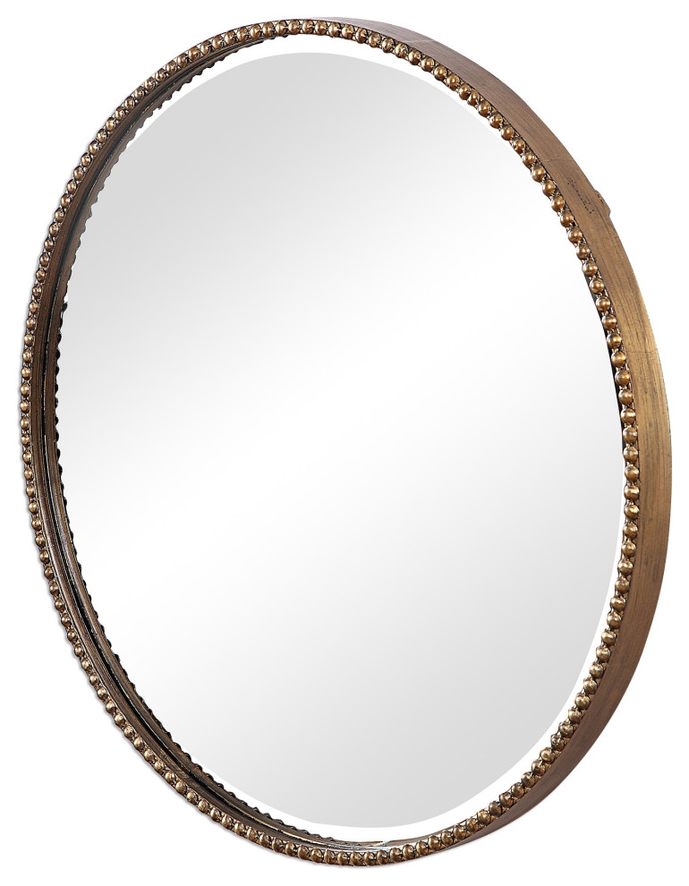 Benzara Round Metal Frame Wall Mirror with Beaded Details, Gold and ...