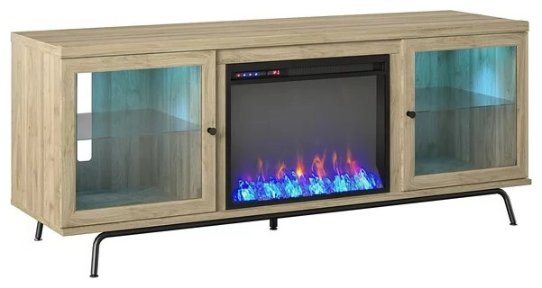 Retro Modern Blonde Oak Fireplace TV Stand for TVs up to 70" with Glass ...