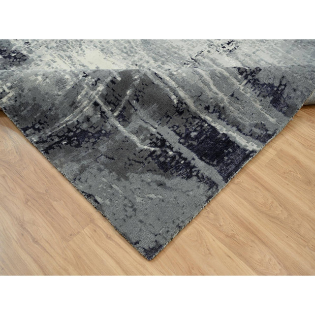 Black, Abstract Design, Wool and Silk, Hand Knoted, Square, Rug, 10'0 ...