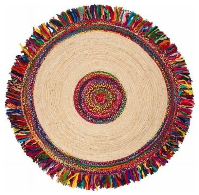 Handwoven Braided Multi-Color Cotton-Natural Jute Round Rug with ...