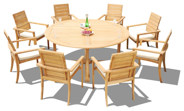 9-Piece Outdoor Teak Dining Set: 72" Round Table, 8 Alps Stacking Arm ...