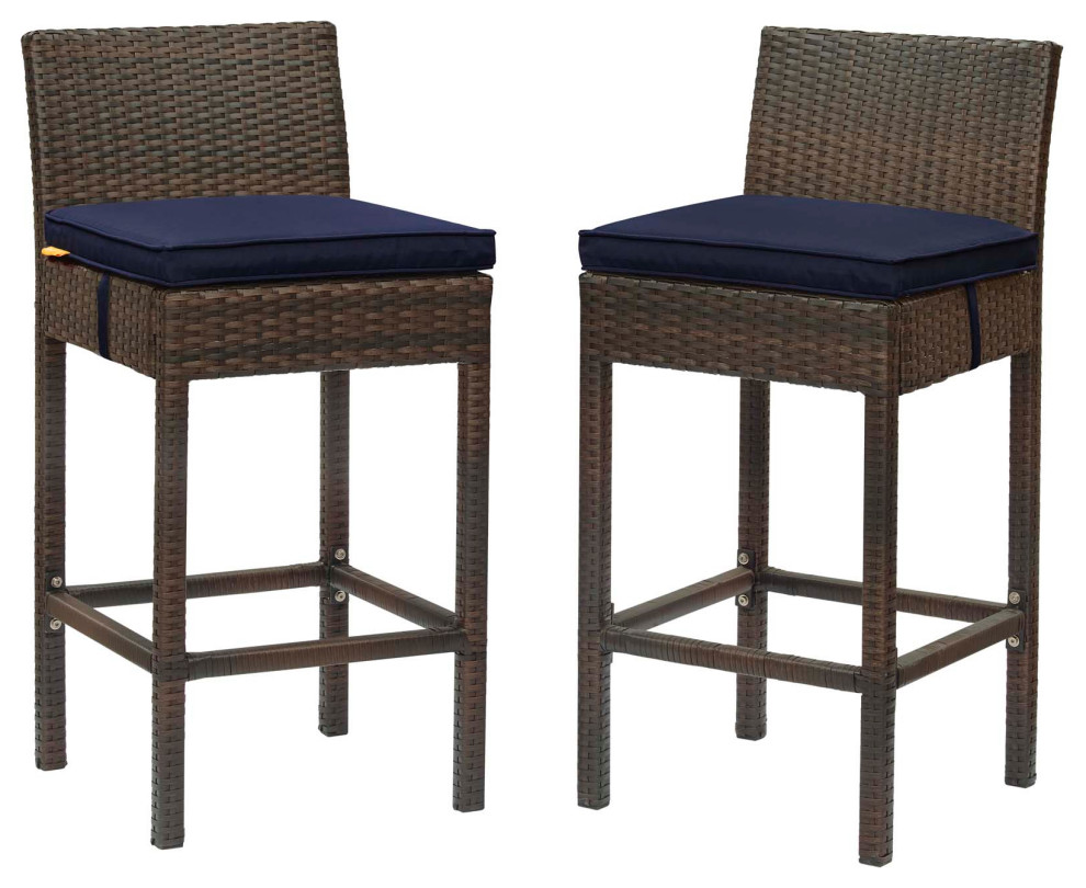 Modern Outdoor Patio Bar Stool Chair, Set of Two, Fabric Rattan, Brown ...
