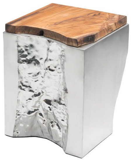 Unique End Table, Shiny Stainless Steel Base With Fissure Accent ...
