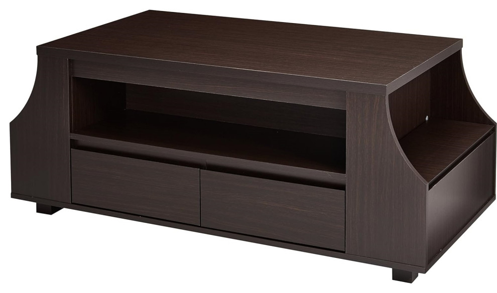 Walnut Coffee Table with 2 Drawers and Side Magazine Rack, Contemporary ...