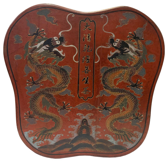 Chinese Distressed Brick Red Dragons Graphic Square Shape Box Hws3393 ...