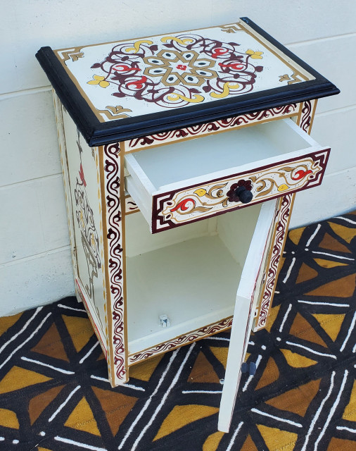 Moroccan Hand Painted Wooden Musharabi Beige Nightstand - Mediterranean ...
