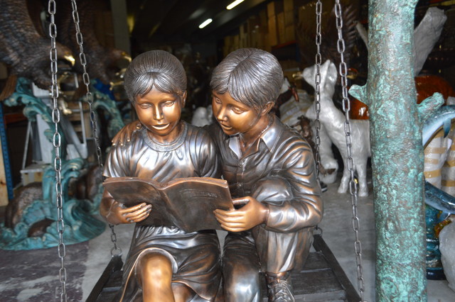 Kids on Swing Set Reading a Book Life Size Bronze Statue - 50"L x 40"W ...
