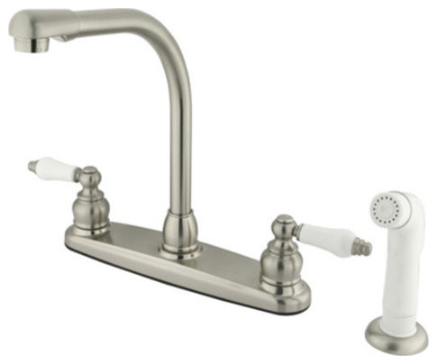 High Arch Kitchen Faucet, Oak, Porcelain Lever Handles, Satin Nickel ...