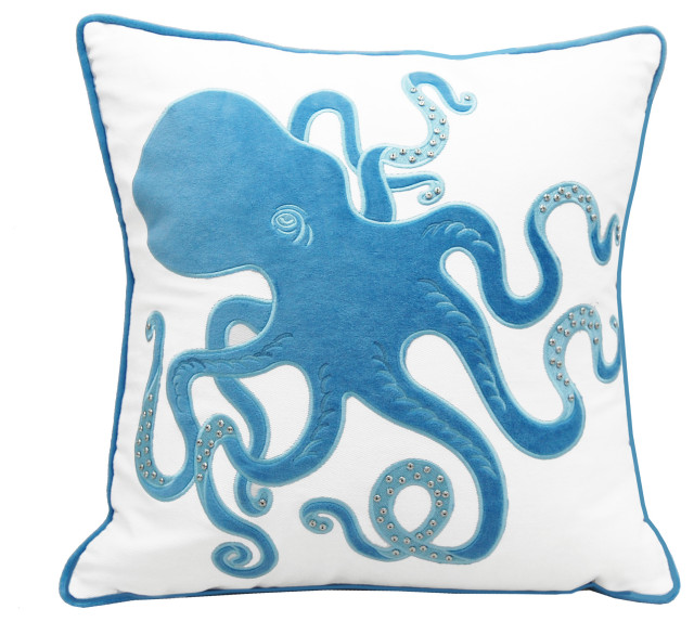 Inkling Octopus Blue Velvet Applique Indoor Pillow - Beach Style ...