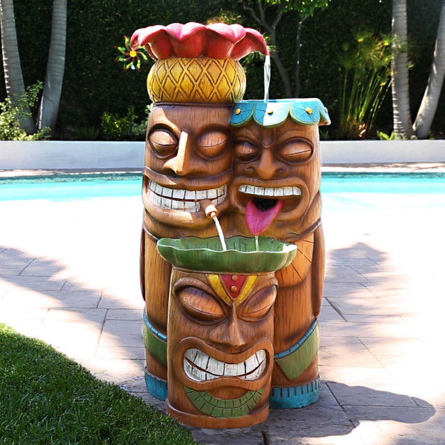 35" Tall Outdoor 3-Tier Tiki Head Waterfall Fountain Yard Art Décor ...
