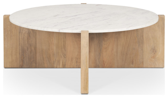 Bianca Light Brown Wood With Round Marble Top Coffee Table ...