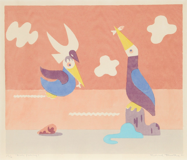Richard Floethe "Birds Fishing" Linocut - Contemporary - Fine Art ...
