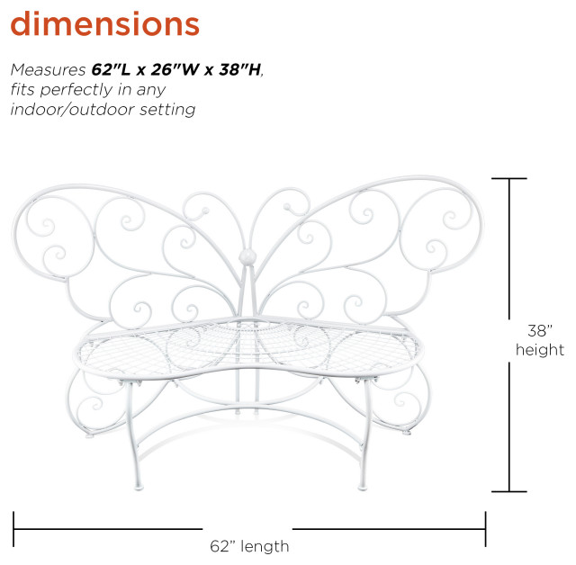 62"L Indoor/Outdoor 2 Person Metal Butterfly Shaped Garden Bench, White ...