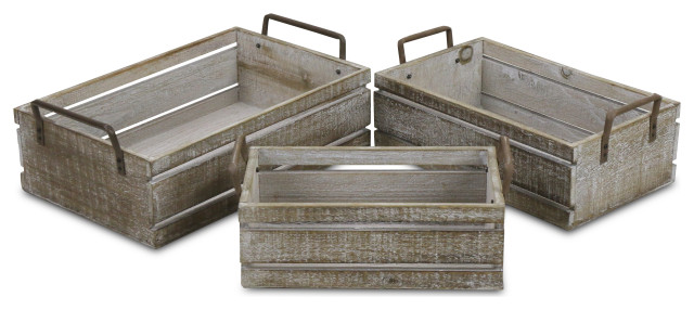 Set of 3 Brown Wood Grain Slatted Rectangular Small Crate With Side ...
