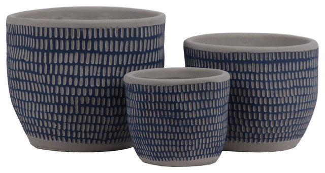 Irregular Stoneware Pot With Engrave Lattice Oblong Design, Set of 3 ...