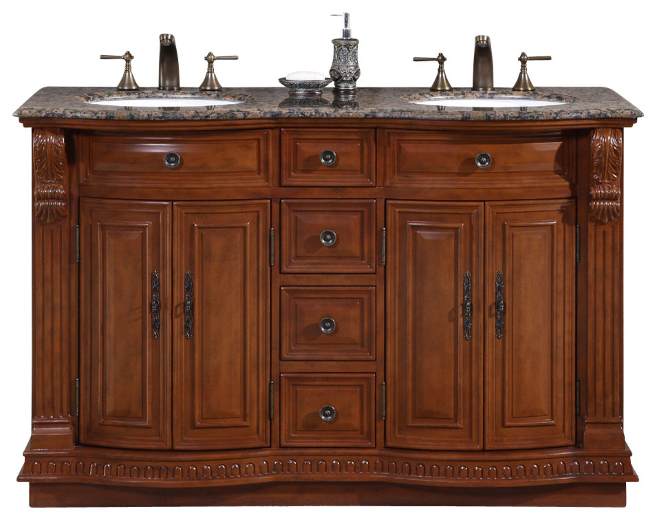 55 Inch Small Double Sink Bathroom Vanity, Granite Top, Traditional ...
