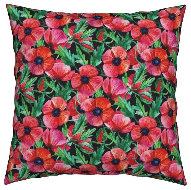 Watercolor Poppy Poppies Botanical Painted Red Throw Pillow ...