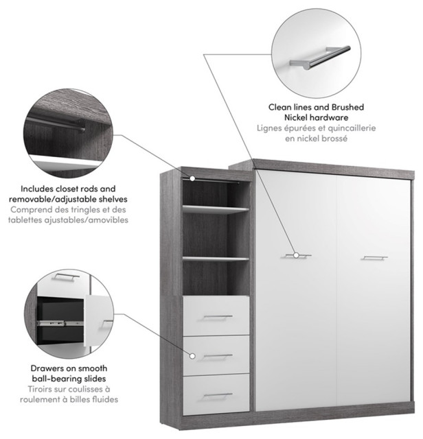 Bestar Nebula Wood Queen Murphy Bed and Organizer w/ Drawers in Bark ...