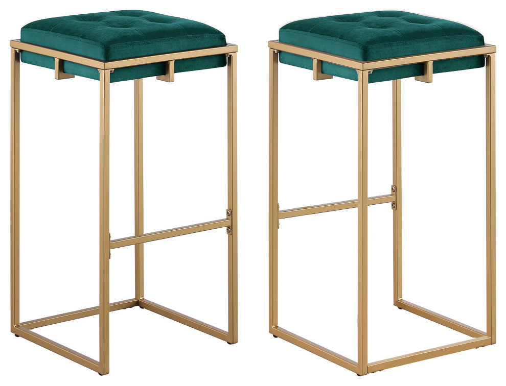 Nadia Square Padded Seat Bar Stool, Set of 2 Hunter Green and Gold ...