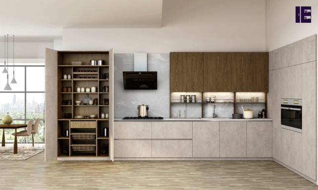 L-shaped Handleless Kitchen in Washiba Brown with Storage by Inspired ...