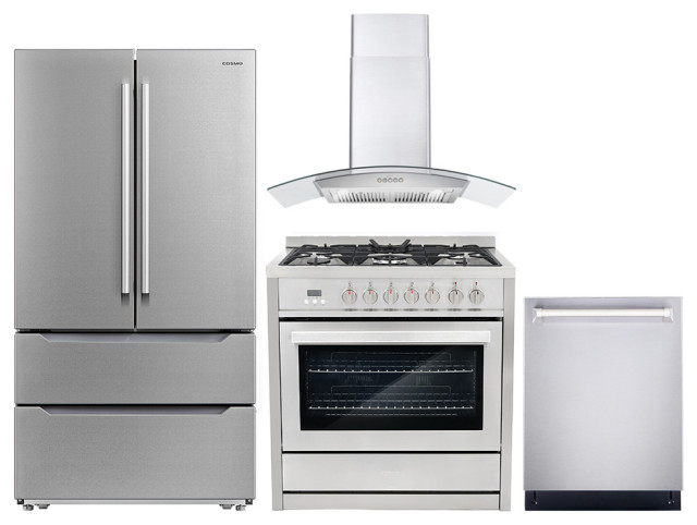 4 Piece, 36" 240V Dual Fuel Range 36" Range Hood 24" Dishwasher ...
