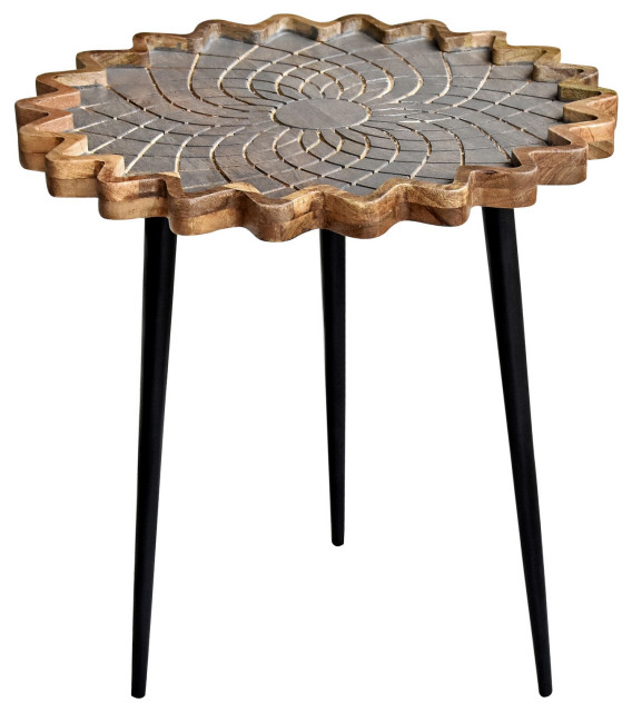 Wood and Metal Side Table with Floral Engraving and Curved Top, Brown ...